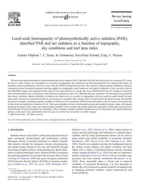 Pdf Local Scale Heterogeneity Of Photosynthetically Active Radiation Par Absorbed Par And