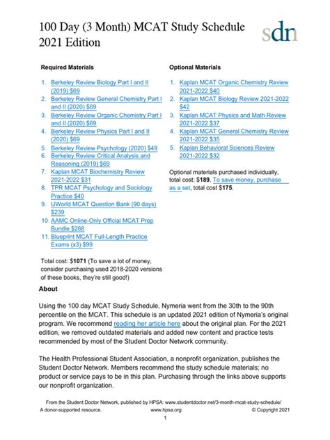 100 Day Mcat Schedule 2021 Edition Pdf