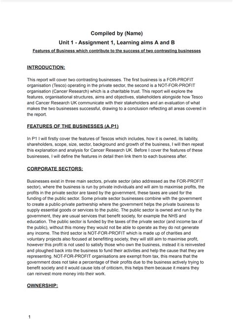 Unit 1 Exploring Business Btec Business Level 3 Notes