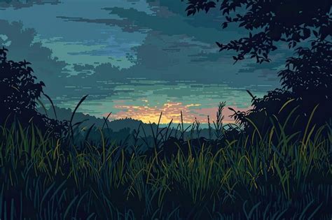 Peaceful Dusk Settles Over Grassy Field Premium Ai Generated Image