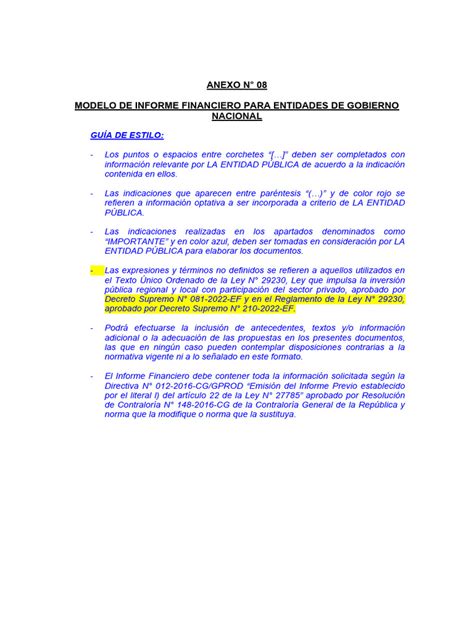 Anexo 8 Modelo De Informe Financiero Para Gn Pdf Presupuesto