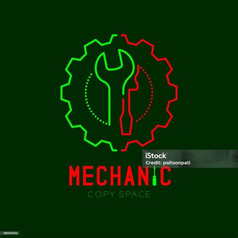 정비사 로고 아이콘 렌치 및 드라이버 기어 프레임 개요 스트로크 설정된 대시 라인 디자인 그림 어두운 녹색 배경을 정비공