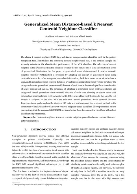 Pdf Generalized Mean Distance Based K Nearest Centroid Neighbor Classifier