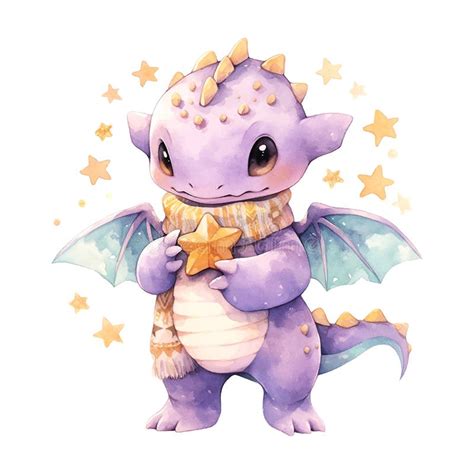 Cute Christmas Purple Dragon In Watercolor Style On White Background