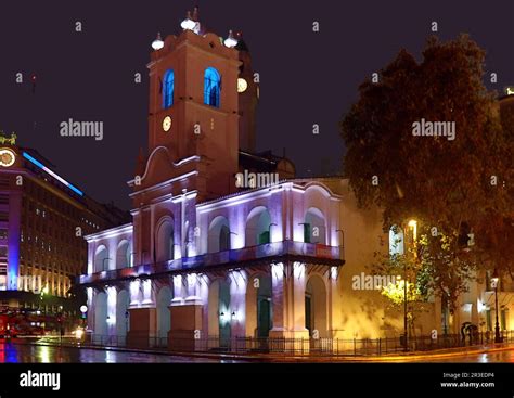 City Hall Of Buenos Aires On A Rainy Night And Lights Reflecting On The