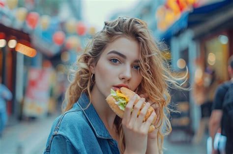 Premium Photo Beautiful Girl Enjoying A Delicious Hamburger
