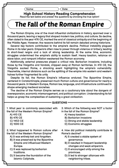 History Reading Comprehension Worksheets High School Reading