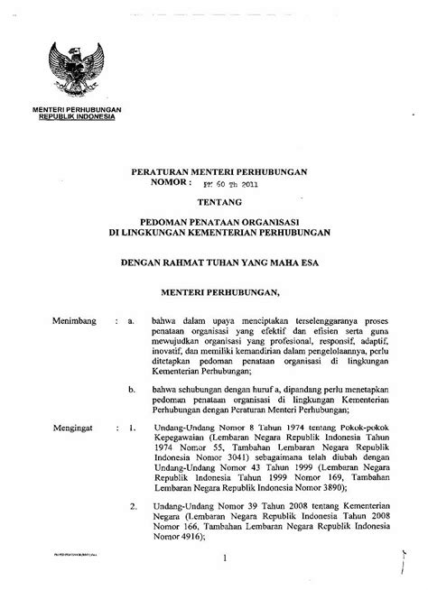 PDF PERATURAN MENTERI PERHUBUNGAN PEDOMAN PENATAAN ORGANISASI Jdih