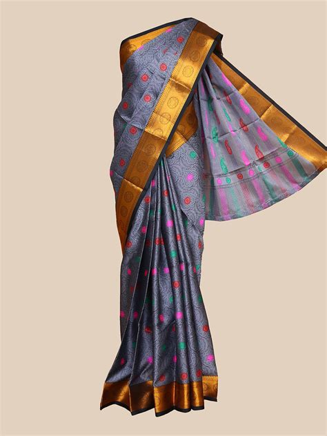 Buy The Chennai Silks Grey Gold Coloured Ethnic Motifs Woven Design Silk Blend Saree Sarees