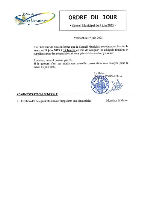 Ordre Du Jour Du Conseil Municipal Du 9 Juin 2023 Mairie De Valmont