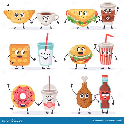 Cartoon Food Characters Junk Food Mascots Sandwich With Coffee And Donut Street Food And