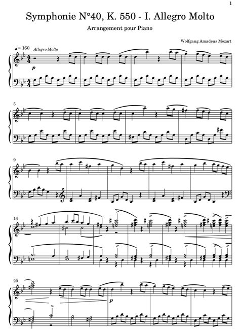Symphonie N°40 Mozart I Allegro Molto Partition De Piano