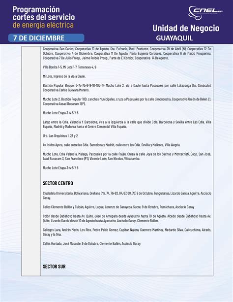 Horarios De Cortes De Luz En Guayaquil Jueves 7 De Diciembre