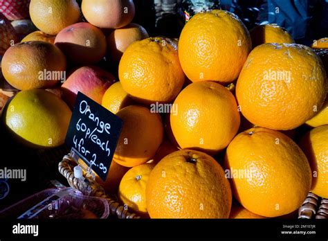 Closeup Of Oranges On Display Outside A Greengrocers Shop In London