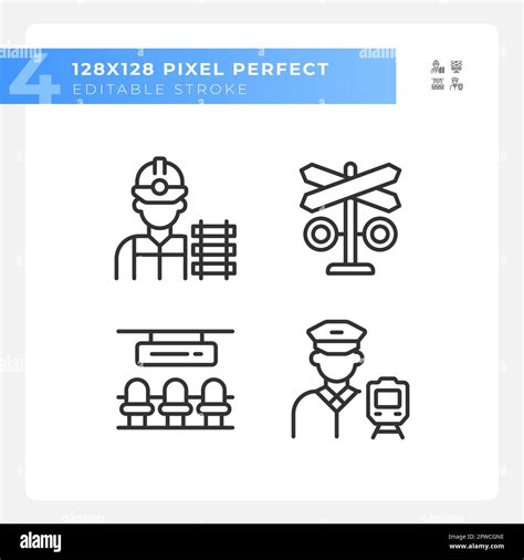 Railroad Infrastructure Pixel Perfect Linear Icons Set Stock Vector