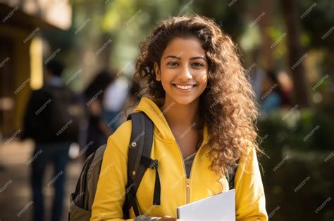 Premium Ai Image Young Indian College Girl Holding Backpack And Books