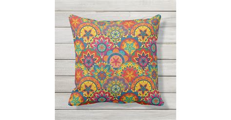 Funky Retro Colorful Mandala Pattern Outdoor Pillow