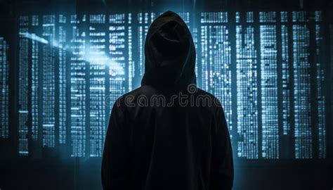 hooded thief in dark city hacks computer for binary data generated by