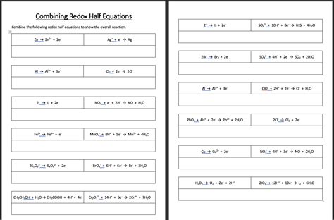 Chemistry A Level Redox Combining Half Equations Worksheet Teaching