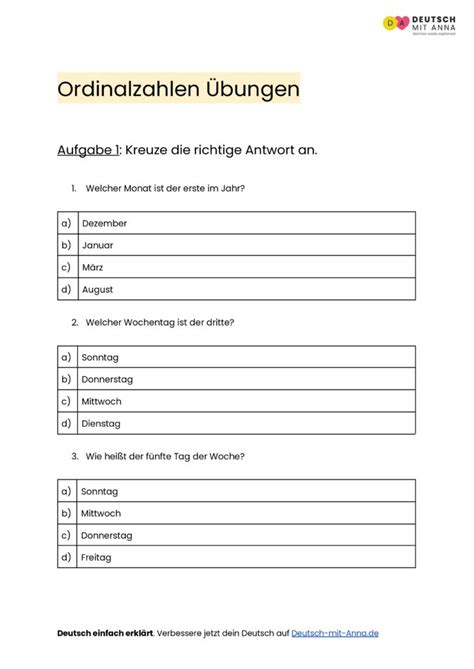 Ordinalzahlen Übungen mit Lösungen A1 B2 PDF