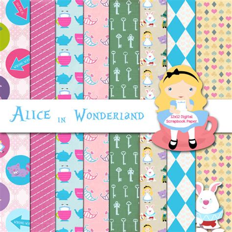 Alice In Wonderland Inspired 12x12 Digital Paper Backgrounds For