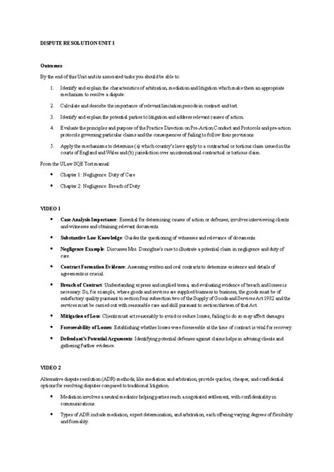 Dispute Resolution Unit 1 Dispute Resolution Unit 1 Outcomes By The