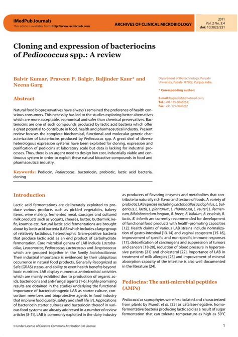 Pdf Cloning And Expression Of Bacteriocins Of Pediococcus Spp A