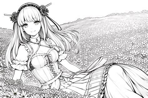 Premium AI Image A Sketch Of A Girl In A Field Of Flowers