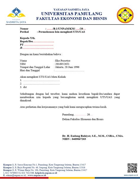 Surat Permohonan Izin Mengikuti Ujian Pdf