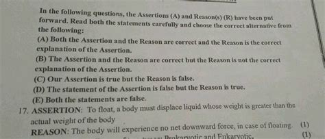 In The Following Questions The Assertions A And Reason S R Have Been Put Forward Read