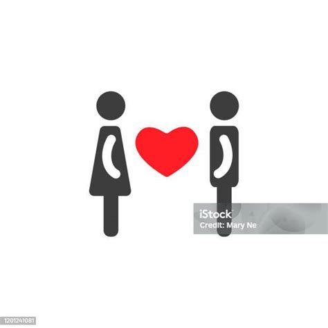 큰 빨간 마음을 가진 남자와 여자의 실루엣 사랑 커플 간단한 아이콘 흰색에 격리 남자에 대한 스톡 벡터 아트 및 기타 이미지