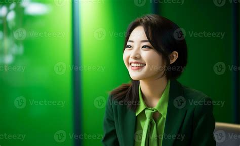 A Young Japanese Office Lady Smiling In Green Office Cloth Generative