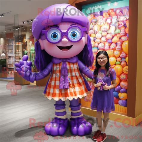 Purple Candy Mascot Costume Character Dressed With A Mini Skirt And