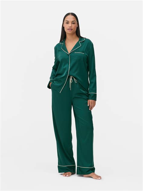 Pyjama Chemise à Manches Longues En Satin Vert Femme Primark