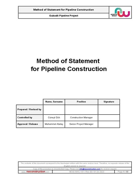 Mos Nwc 101 Method Of Statement For Pipeline Construction Download