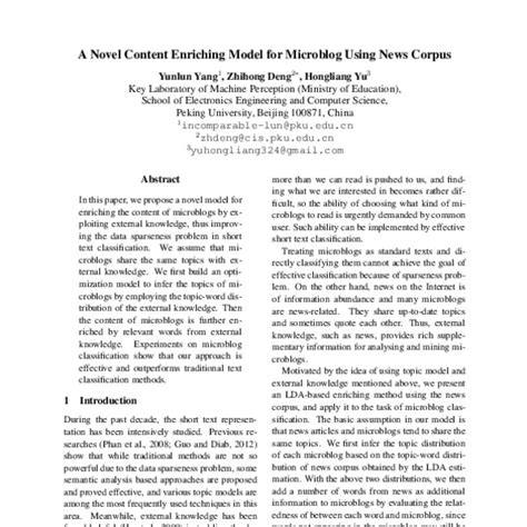 A Novel Content Enriching Model For Microblog Using News Corpus Acl Anthology