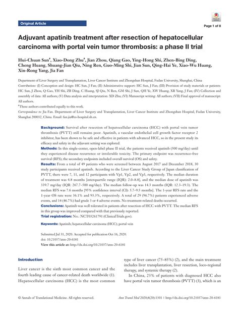Pdf Adjuvant Apatinib Treatment After Resection Of Hepatocellular Carcinoma With Portal Vein