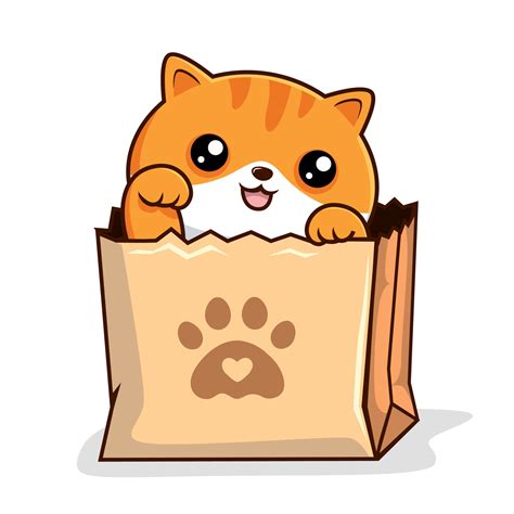 Tabby Cat In Paper Bag Waving Hand Cartoon Striped Orange Pussy Cat