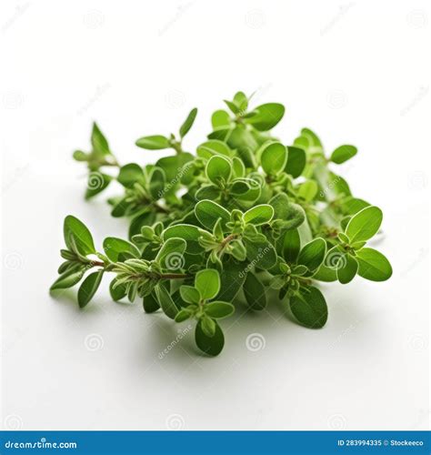 Vibrant Thyme Leaf On White Ground Realistic Commercial Photography In