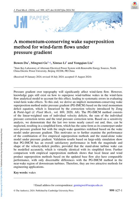 Pdf A Momentum Conserving Wake Superposition Method For Wind Farm Flows Under Pressure Gradient