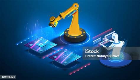 미래형 마이크로칩 프로세서는 파란색 배경에 등등됩니다 인공 지능 스마트 팩토리의 로봇 Ai 제어 생산 라인 공장 아이디어의 자동화 프로세서 칩 생산 반도체에 대한 스톡 벡터