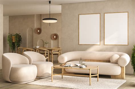 소파와 안락의자가 있는 베이지색 거실 인테리어 책과 장식이 있는 커피 테이블 나무 바닥에 깔린 카펫 의자가 있는 식탁 모형 포스터 모형 복사 공간 벽 3d 렌더링 거실에