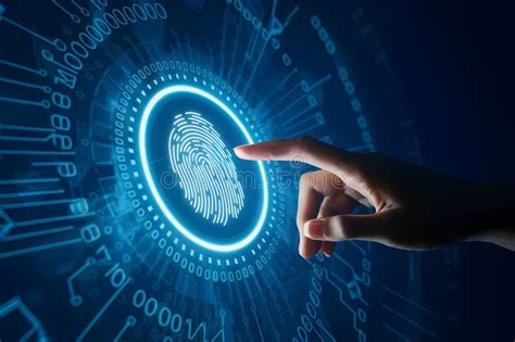 Hand Touches Digital Interface With Illuminated Fingerprint Scanner