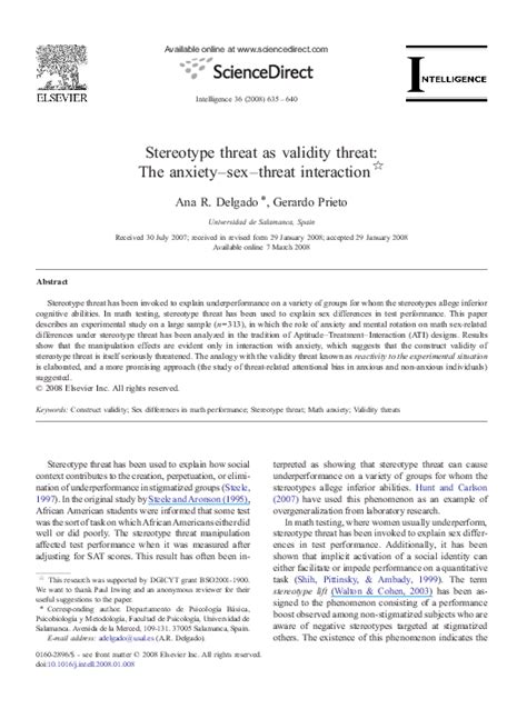 Pdf Stereotype Threat As Validity Threat The Anxietysexthreat