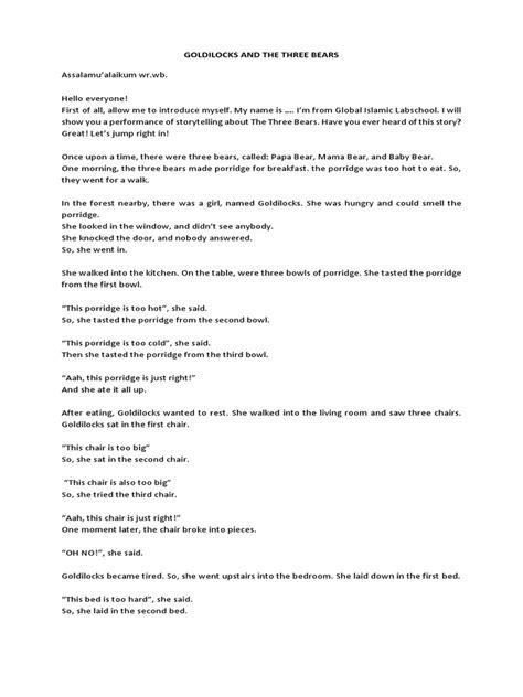Goldilocks And The Three Bears Script Pdf Goldilocks And The