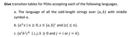 Solved Give Transition Tables For Pdas Accepting Each Of The Chegg