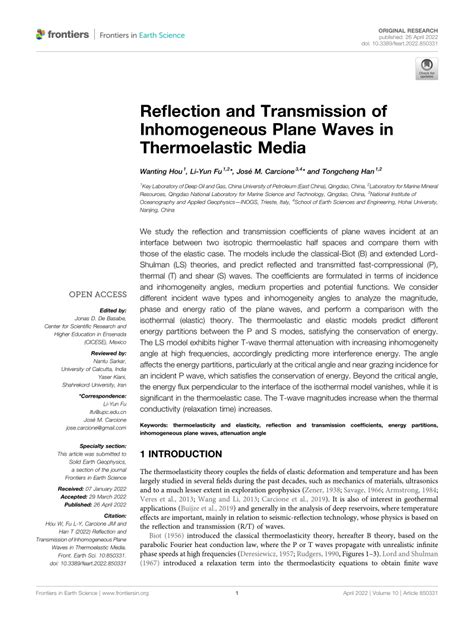 Pdf Reflection And Transmission Of Inhomogeneous Plane Waves In Thermoelastic Media