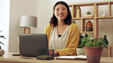 Happy Woman Face And Laptop For Remote Work In Home Lounge And Online