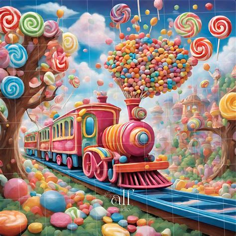 Colorful Candy Backdrop Themed Train Whimsical Railway Sweets Vibrant Candy Train Scene Lollipop
