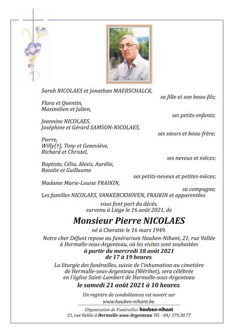 Décès De Monsieur Pierre Nicolaes Amicale Des Anciens Du Collège